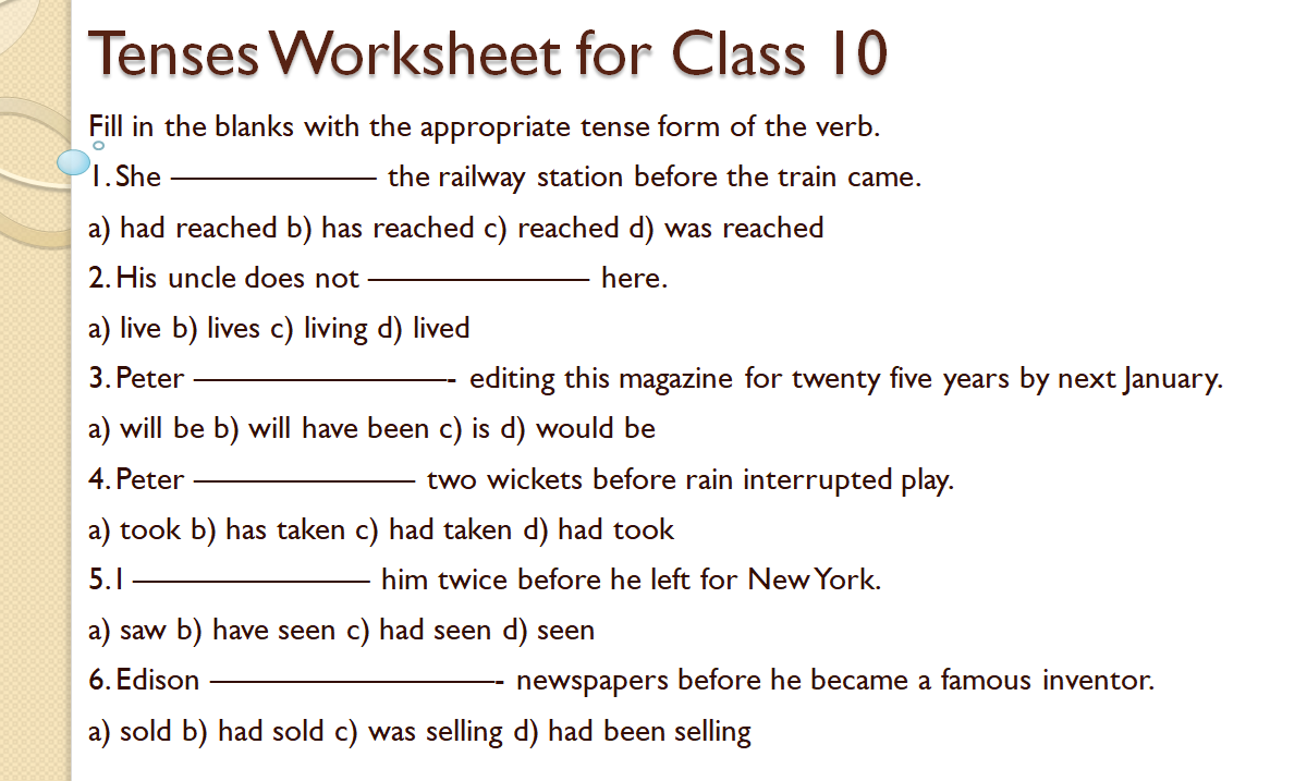 Tenses Exercise For Class 10 CBSE - NCERT Guides.Com