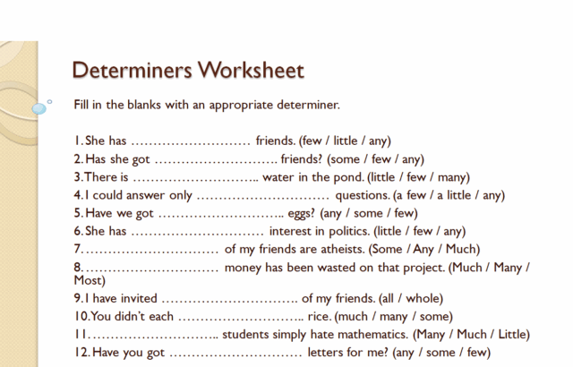 Determiners Worksheet For Class 9 CBSE - NCERT Guides.Com