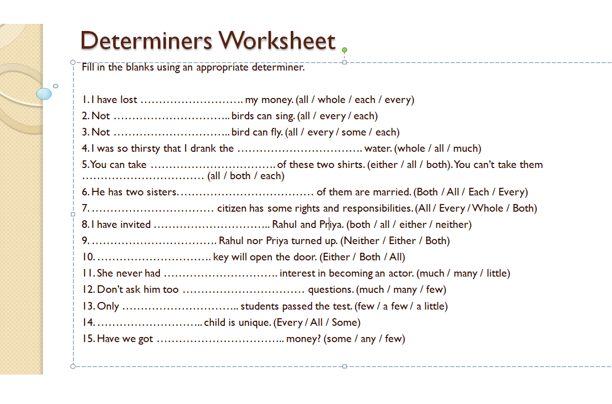 Determiners MCQ For Classes 9 And 10 - NCERT Guides.Com