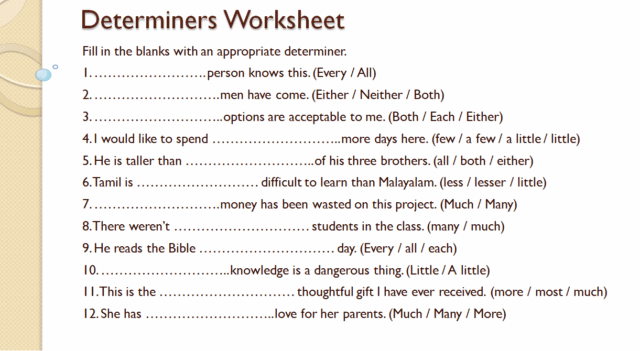 Determiners Worksheet For Class 8 - NCERT Guides.Com
