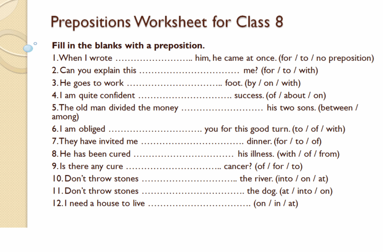 Prepositions Worksheet For Class 8 - NCERT Guides.Com