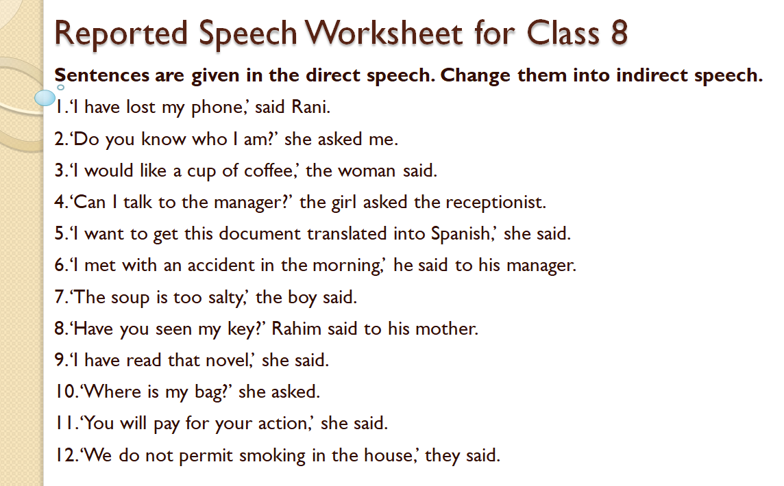 Direct And Indirect Speech Worksheet For Class 8 CBSE - NCERT Guides.Com