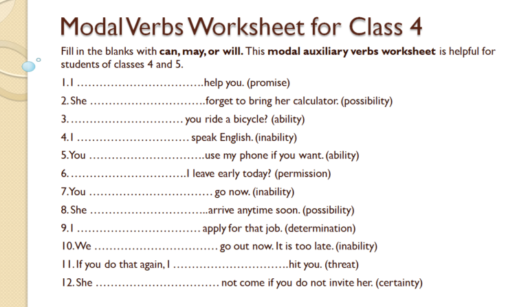 Modal Auxiliary Verbs Worksheet For Class 4 - NCERT Guides.Com