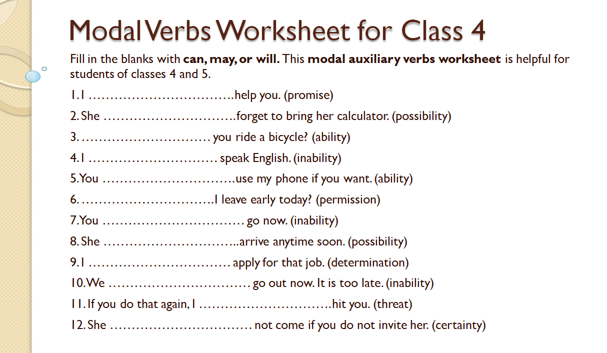 Modal Auxiliary Verbs Worksheet For Class 4 - NCERT Guides.Com