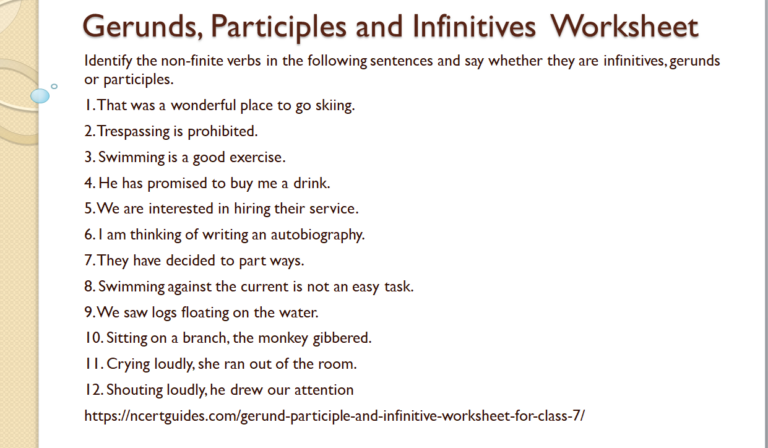 Gerund, Participle And Infinitive Worksheet For Class 7 - NCERT Guides.Com