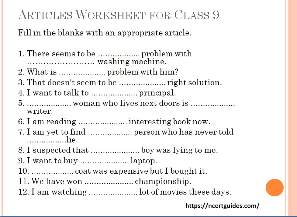 Articles Worksheet For Class 9 NCERT Guides Com