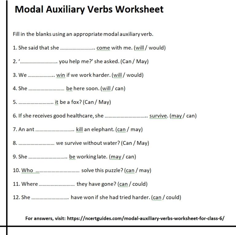 Modal Auxiliary Verbs Worksheet for Class 6 - NCERT Guides.Com