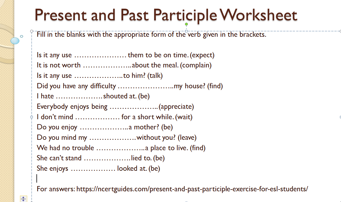 Present and Past Participle Exercise for ESL Students - NCERT Guides.Com